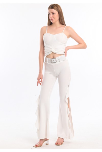 Volanlı Kemerli Scuba Krep Pantolon | PNT33394