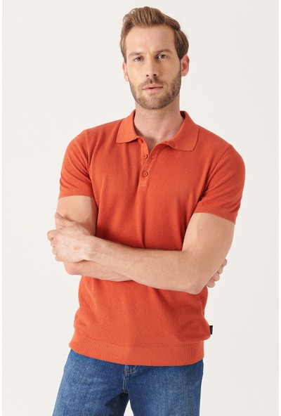 Avva Erkek Kiremit Polo Yaka Jakarlı Kazak E005009