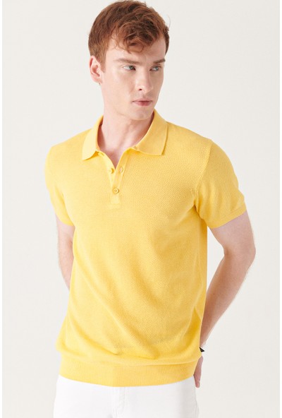 Avva Erkek Sarı Polo Yaka Jakarlı Kazak E005009