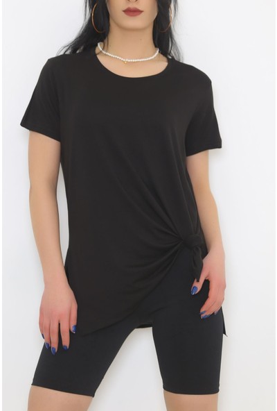 İsunstore Yırtmaçlı Viskon Tişört Siyah - 1174.1095.