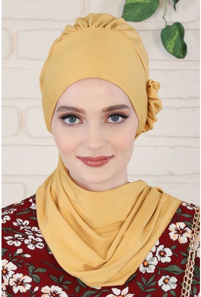 Daisy Yandan Fırfırlı Penye Hazır Türban Hardal