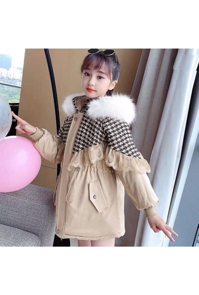Modavals Ithal Kürklü Kaz Ayağı Desenli Dantelli Bel Bağcıklı Kız Çocuk Mont - Krem Modavals Ithal Kürklü Kaz Ayağı Desenli Dantelli Bel Bağcıklı Kız Çocuk Mont - Krem