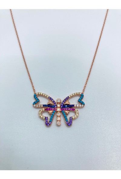 925 Ayar Gümüş Renkli Taşlı Kelebek Kolye