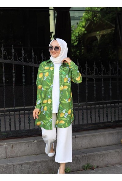 Nefise Limon Desenli Saten Gömlek