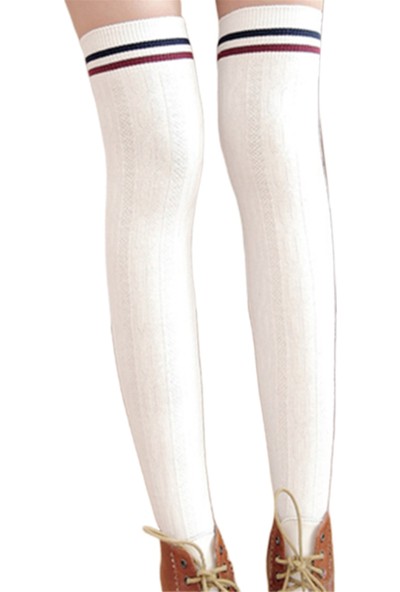 Allure 1 Çift Diz Üstü Pamuklu Kalın Örme Çorap - Beyaz (Yurt Dışından)