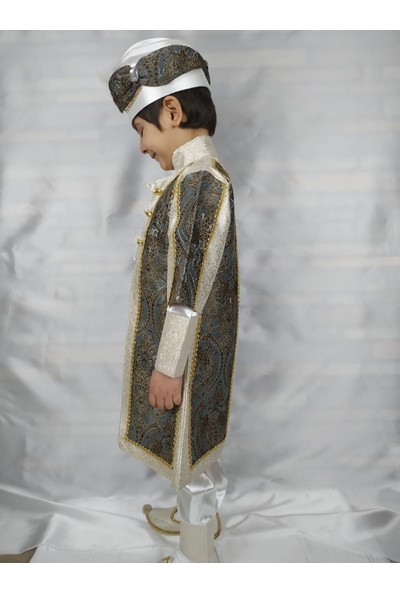 Başak Sünnet ( 3-10 Yaş)Krem Petrol Renk Düğmeli Şehzade Model Sünnet Kıyafeti