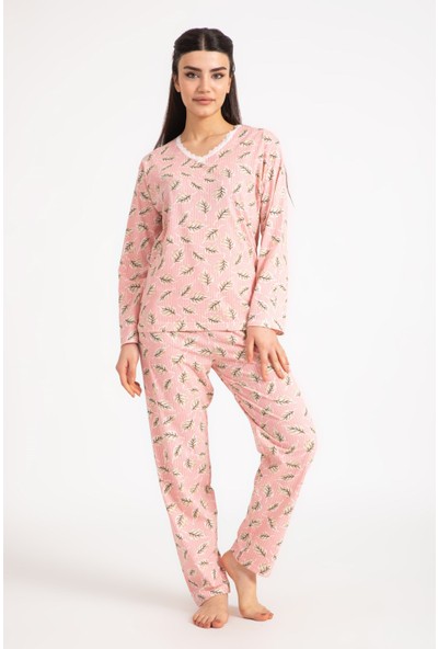 Ercan Kadın 5000-4 Yaprak Desenli Pijama Takım Pudra