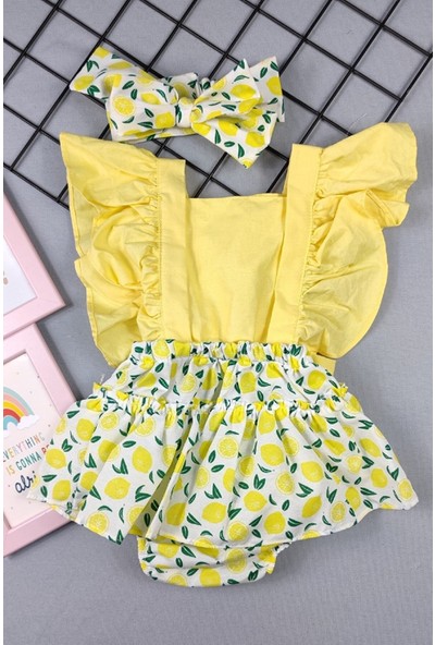 Ada Bebek Çocuk Kız Bebek Fırfırlı Limon Desenli Bandanalı Salopet Takım