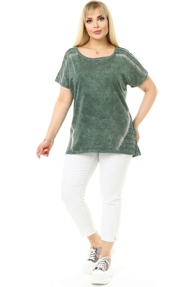 Mia Butik Büyük Beden Haki Yuvarlak Yaka Bluz