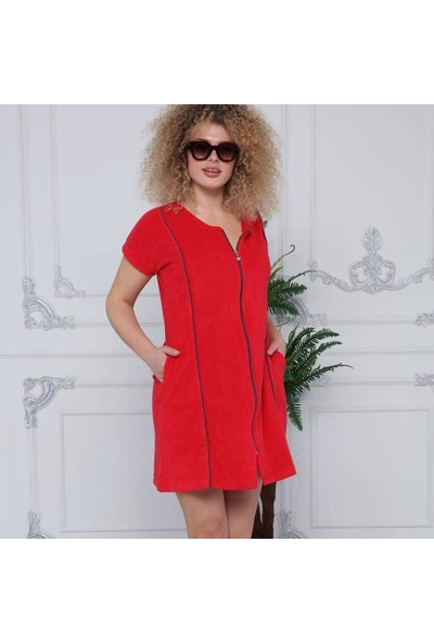 Sjarm Kırmızı Renkli Cepli Havlu Kumaşlı Fermuarlı Plaj Elbisesi