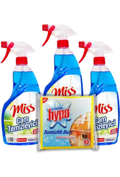 Miss Cam Temizleyici Sprey 3 x 1 lt + Temizlik Bezi Miss Cam Temizleyici Sprey 3 x 1 lt + Temizlik Bezi