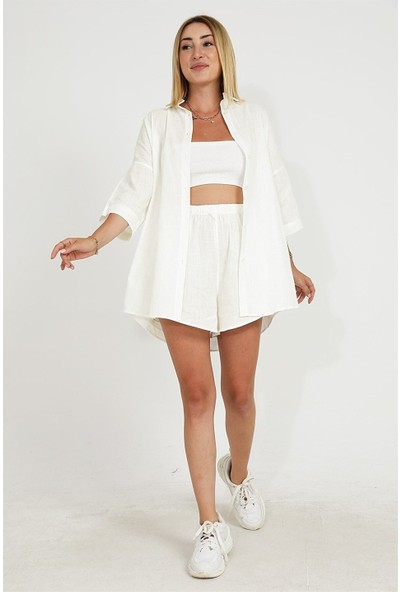 VprModa Pamuk Keten Şort Gömlek Kadın Ikili Takım - Ekru