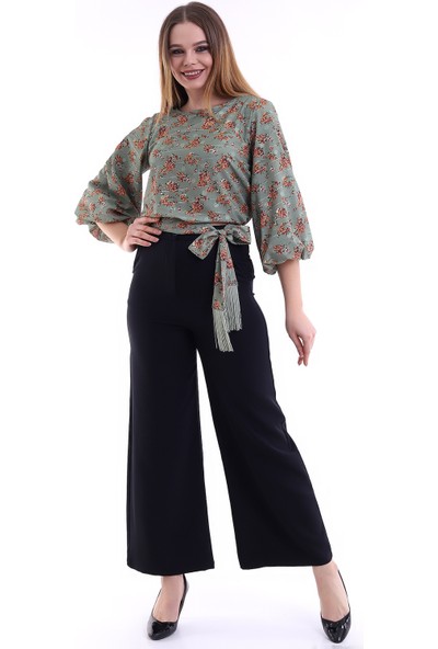 Ottawe Kadın Bluz Gömlek Çiçek Desen Yandan Bağlamalı Püsküllü Bluz Gömlek OTTW-8005