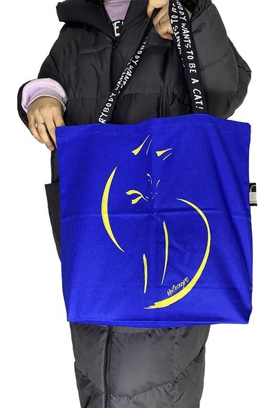 Cat In Montenegro Baskılı Mavi Bez Çanta