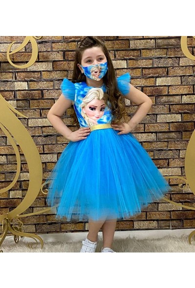 Rapapa Kız Çocuk Elsa Baskılı Maskeli Abiye Elbise Mavi 1404- Rapapa Kız Çocuk Elsa Baskılı Maskeli Abiye Elbise Mavi 1404-