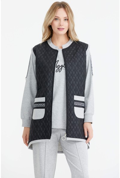 Kapitoneli Yelekli Üçlü Eşofman Takım - Gri