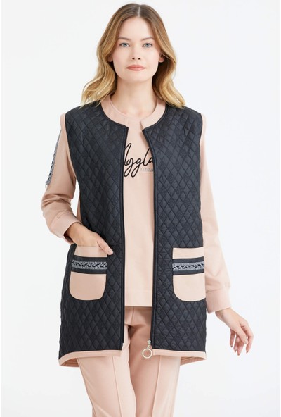 Kapitoneli Yelekli Üçlü Eşofman Takım - Pudra