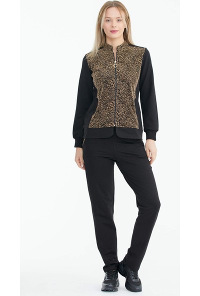 Sim Kumaş Garnili Hakım Yaka Eşofman Takımı - Siyah Sim Kumaş Garnili Hakım Yaka Eşofman Takımı - Siyah