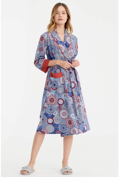 Sementa Renkli Desenli Şal Yaka Sabahlık - Oranj Sementa Renkli Desenli Şal Yaka Sabahlık - Oranj