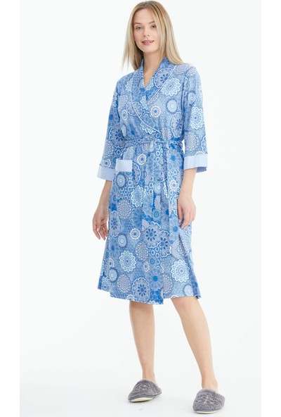 Renkli Desenli Şal Yaka Sabahlık - Mavi