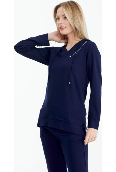 Kapüşonlu V Yaka Tunik Takım - Lacivert