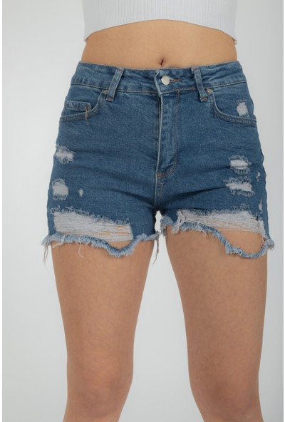 Trend Lalissa Kadın Denim Yırtık Saçaklı Likralı Kot Şort Trend Lalissa Kadın Denim Yırtık Saçaklı Likralı Kot Şort