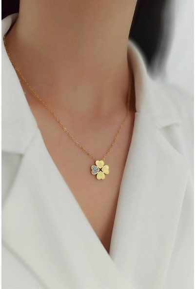 ÇLK Accessories Çelik Taşlı Yonca Çelik Kolye TRKOLYE5981