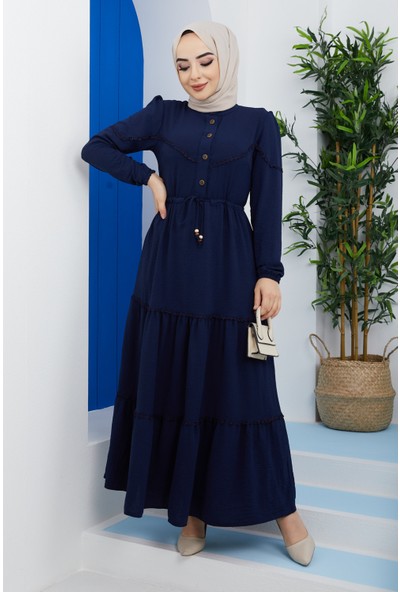 İmaj Butik Belden Büzgü Detaylı Ayrobin Tesettür Elbise/lacivert