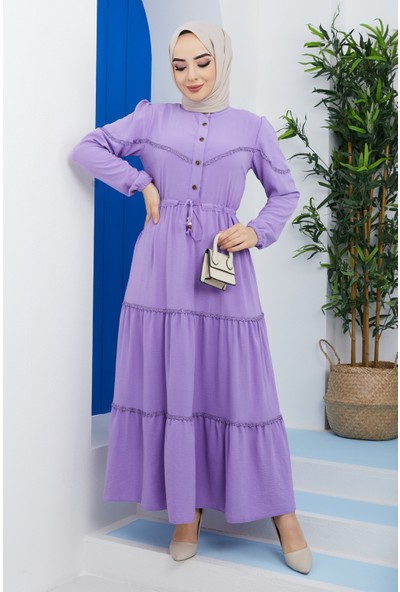 İmaj Butik Belden Büzgü Detaylı Ayrobin Tesettür Elbise/lila