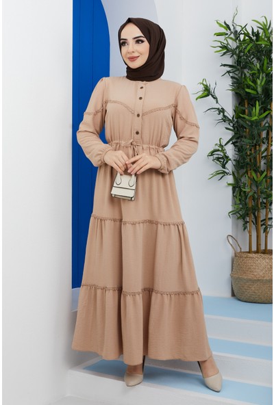 İmaj Butik Belden Büzgü Detaylı Ayrobin Tesettür Elbise/kemik