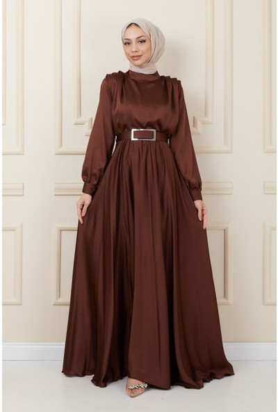 İmaj Butik Omuz Vatkalı Mevlana Saten Tesettür Abiye/kahverengi