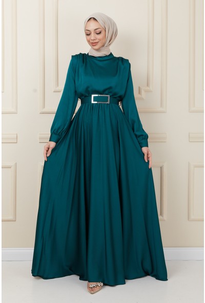 İmaj Butik Omuz Vatkalı Mevlana Saten Tesettür Abiye/zümrüt