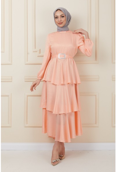 İmaj Butik Kemer Detaylı Parlak Saten Tesettür Abiye/somon İmaj Butik Kemer Detaylı Parlak Saten Tesettür Abiye/somon