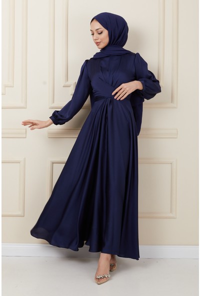 İmaj Butik Bağlama Detaylı Saten Tesettür Abiye/lacivert İmaj Butik Bağlama Detaylı Saten Tesettür Abiye/lacivert