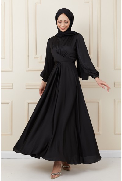 İmaj Butik Bağlama Detaylı Saten Tesettür Abiye/siyah