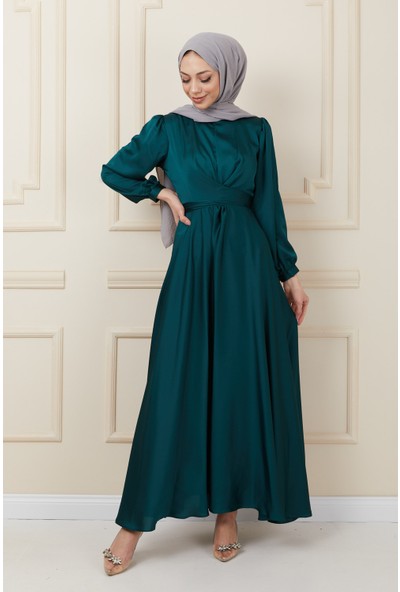 İmaj Butik Bağlama Detaylı Saten Tesettür Abiye/zümrüt İmaj Butik Bağlama Detaylı Saten Tesettür Abiye/zümrüt