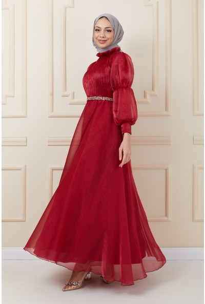 İmaj Butik Karpuz Kol Parlak Tül Tesettür Abiye/kırmızı