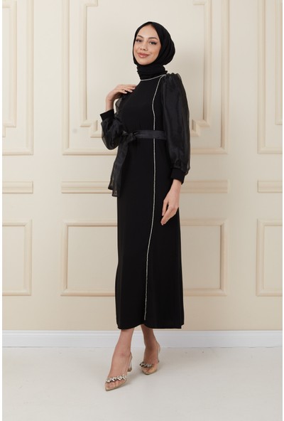 İmaj Butik Taş Detaylı Kalem Tesettür Abiye/siyah