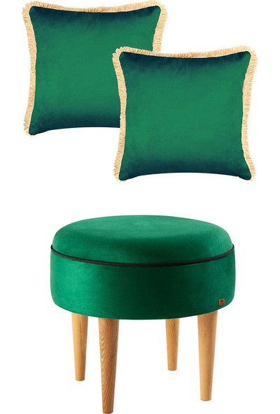 Lux Vie Puf Gürgen Ahşap Ayaklı Dekoratif Silindir Puf Kırlent Set Wolf