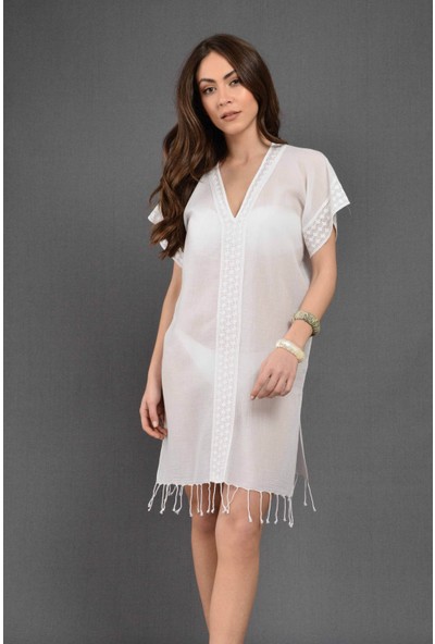 Dosimira Plaj Elbisesi Yakalı Dantelli Naturel 36/38