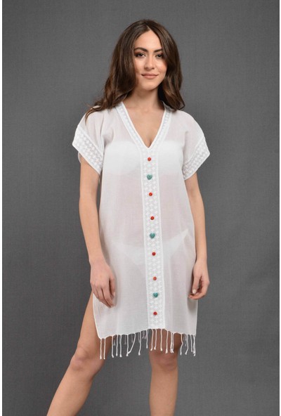 Dosimira Plaj Elbisesi Yakalı Dantelli Kalp Taşlı 36/38