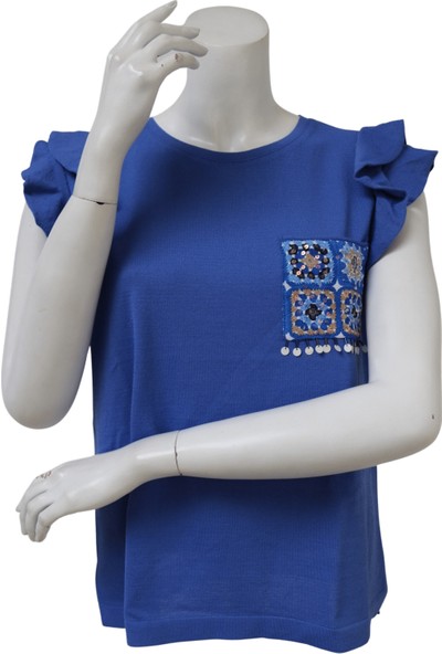 Two Mail Cep Pul Işli Bluz 21612 - Cobalt