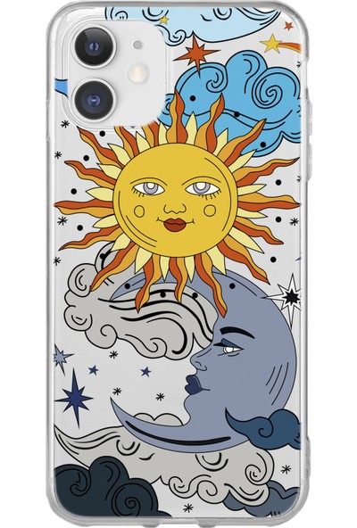 Caseland Apple iPhone 11 Uyumlu Güneş ve Ay Desenli Şeffaf Telefon Kılıfı