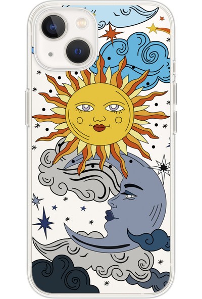 Caseland Apple iPhone 13 Uyumlu Güneş ve Ay Desenli Şeffaf Telefon Kılıfı