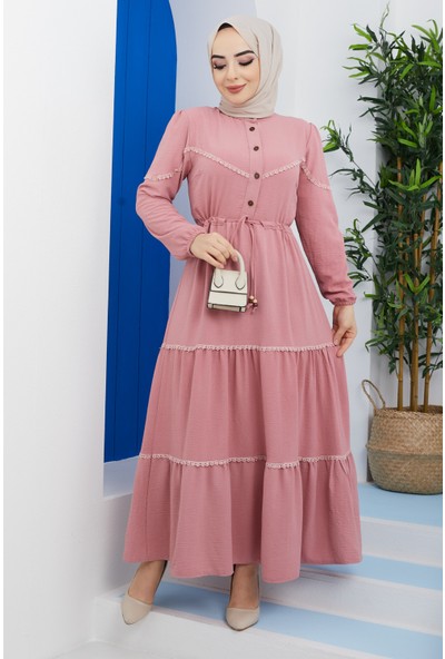İmaj Butik Belden Büzgü Detaylı Ayrobin Tesettür Elbise/pembe