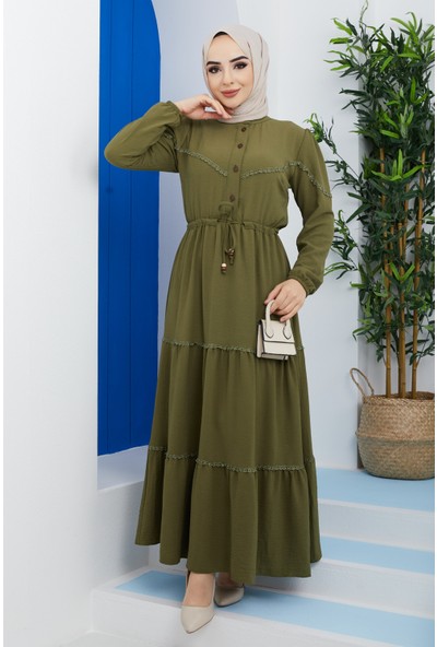 İmaj Butik Belden Büzgü Detaylı Ayrobin Tesettür Elbise/yeşil