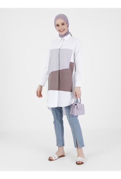 Renk Bloklu Baskılı Poplin Tunik - Lila Leylak - Benin Renk Bloklu Baskılı Poplin Tunik - Lila Leylak - Benin