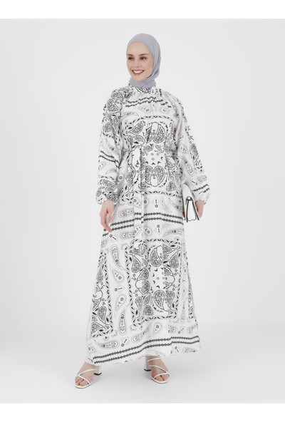 Refka Kuşak Detaylı Pano Desenli Elbise - Siyah Off White - Refka Casual Refka Kuşak Detaylı Pano Desenli Elbise - Siyah Off White - Refka Casual
