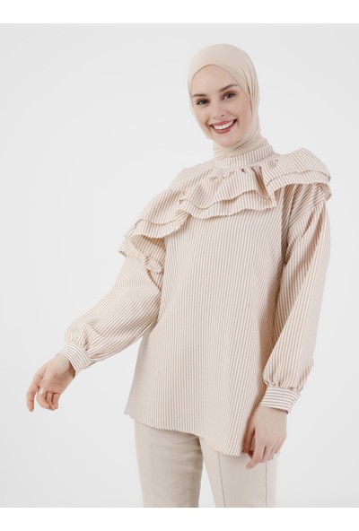 Çizgi Desenli Volanlı Tunik - Bej - Benin