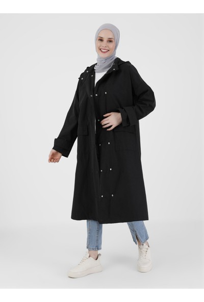 Refka Kapüşonlu Cep Detaylı Oversize Trençkot - Siyah - Refka Casual Refka Kapüşonlu Cep Detaylı Oversize Trençkot - Siyah - Refka Casual
